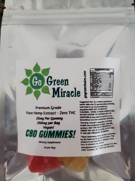CBD Gummies 25mg Each, 10 Gummies /bag Total 250mg – Go Green Miracle Balm